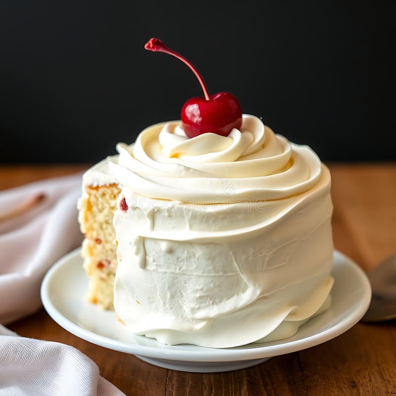 A Classic Vanilla Cake with White Buttercream and a Cherry on Top Stock ...