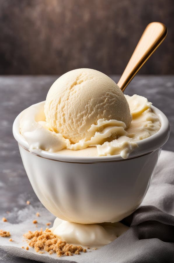 Classic Vanilla Ice Cream Scoops in White Bowl with Silver Spoon Stock ...