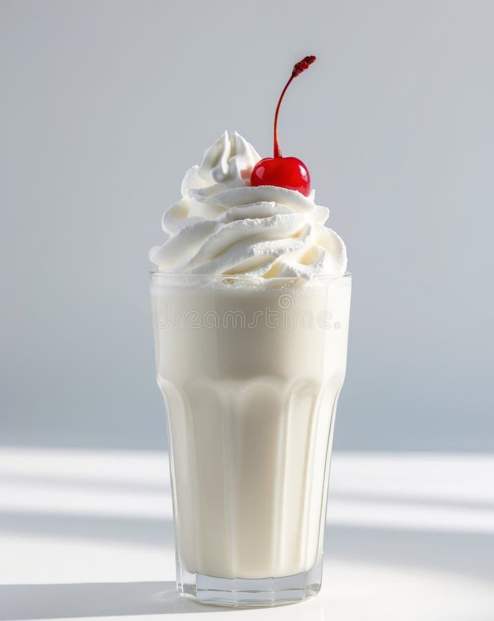 Classic Vanilla Milkshake with Whipped Cream and Cherry Topping Stock ...