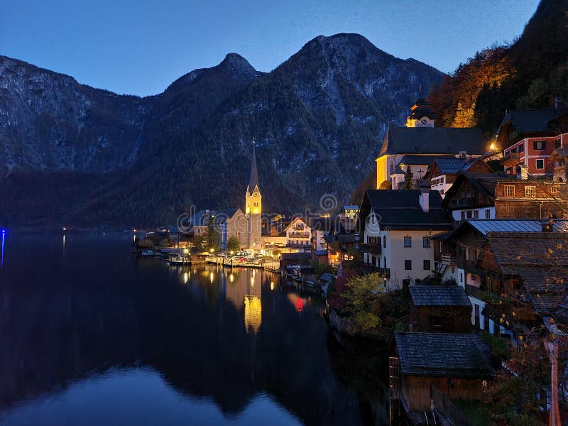 Classic View of Hallstatt Village, Austria, Night. Stock Photo - Image ...
