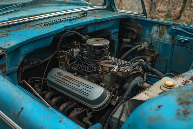 Classic Vintage Car Engine Showcasing Age and Mechanical Details Stock ...