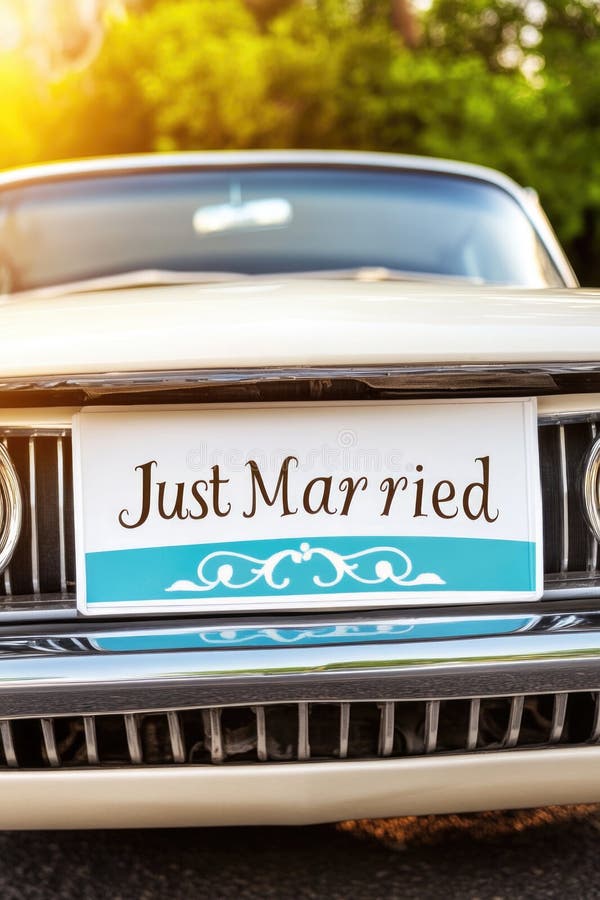 Classic Vintage Car with Just Married Sign at Sunset Stock Photo ...