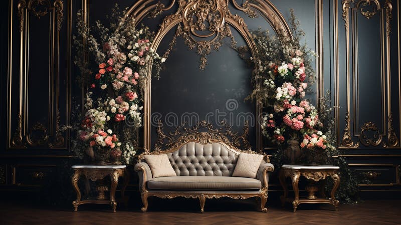 Classic and Vintage Luxury Wall Backdrop with Flowers Stock ...