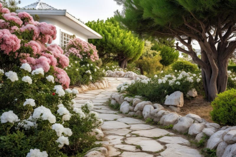 Classic and Vintage Pathway with Green Yard White Rocks and Flower Bush ...