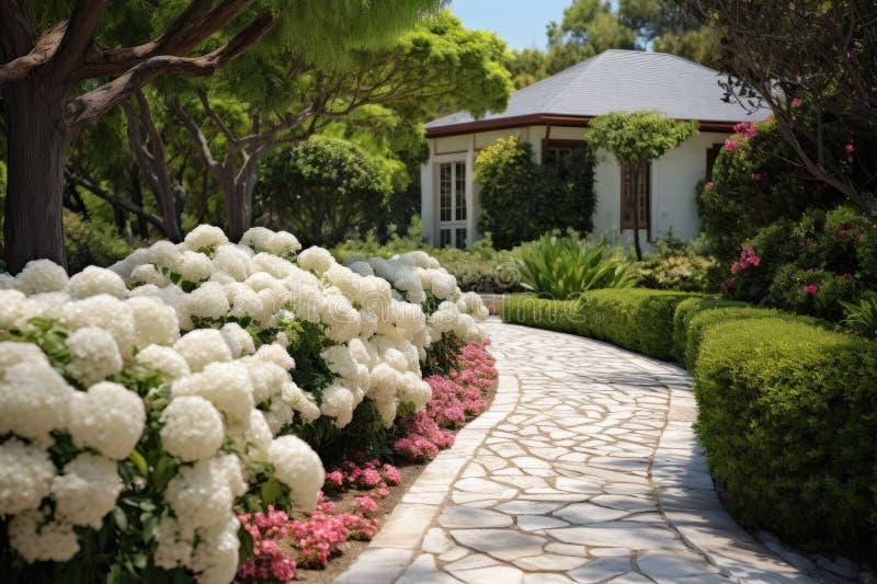 Classic and Vintage Pathway with Green Yard White Rocks and Flower Bush ...