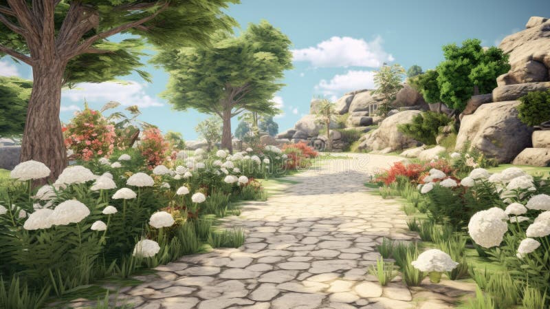 Classic and Vintage Pathway with Green Yard White Rocks and Flower Bush ...