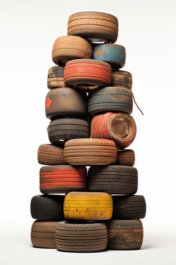 Classic Vintage Worn Tire Stack on White Background with Enduring and ...
