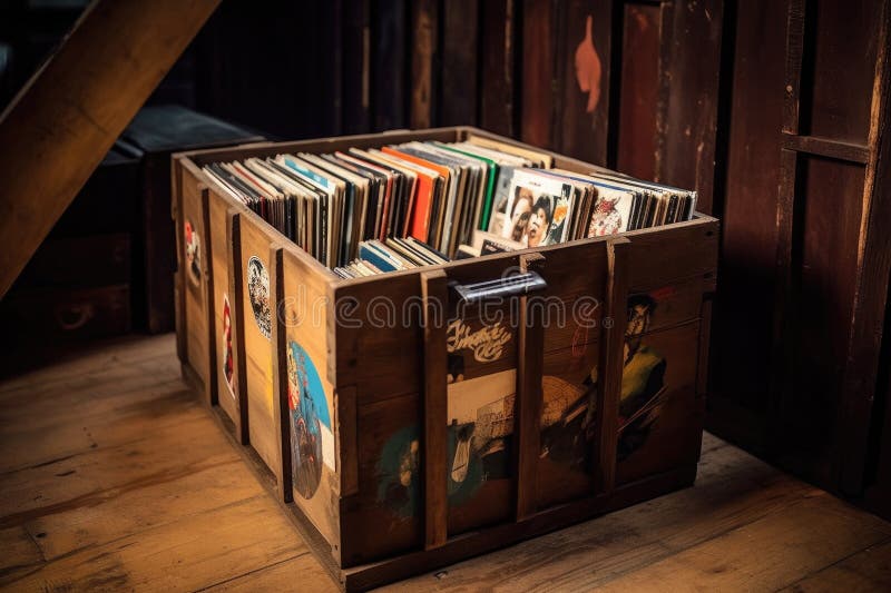 Classic Vinyl Record Collection in a Wooden Crate Stock Illustration ...