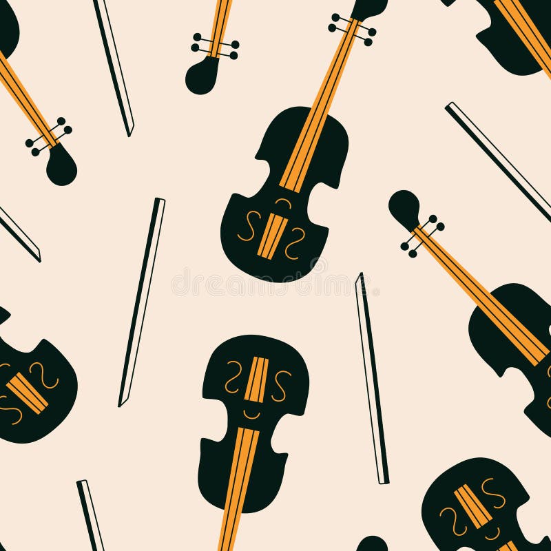 Classic Violin and Bow Hand Drawn Vector Illustration in Flat Style ...