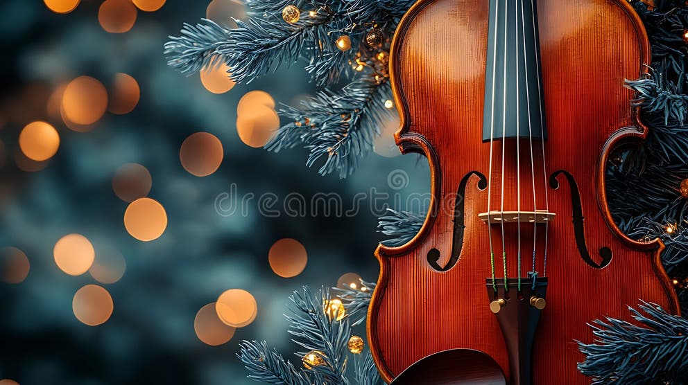 A Classic Violin Hangs on a Christmas Tree with Lights in the ...