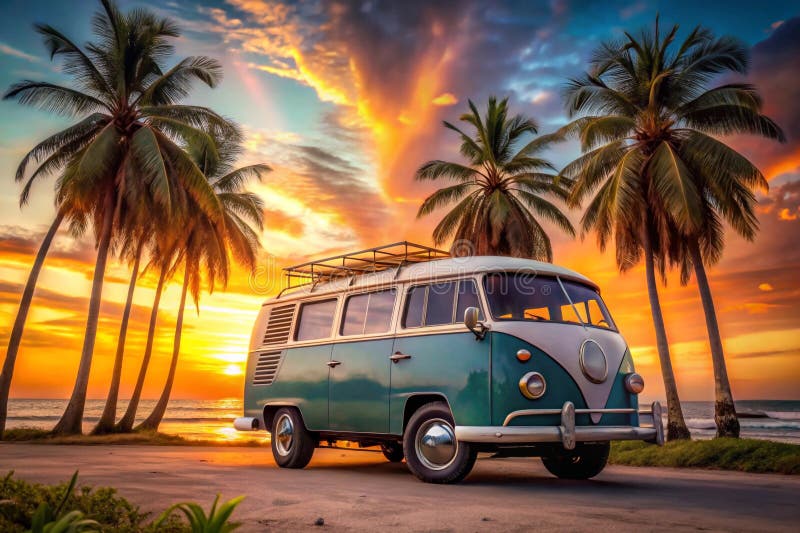 Classic Vw Bus at the Beach a Vibrant and Colorful. Generative AI Stock ...