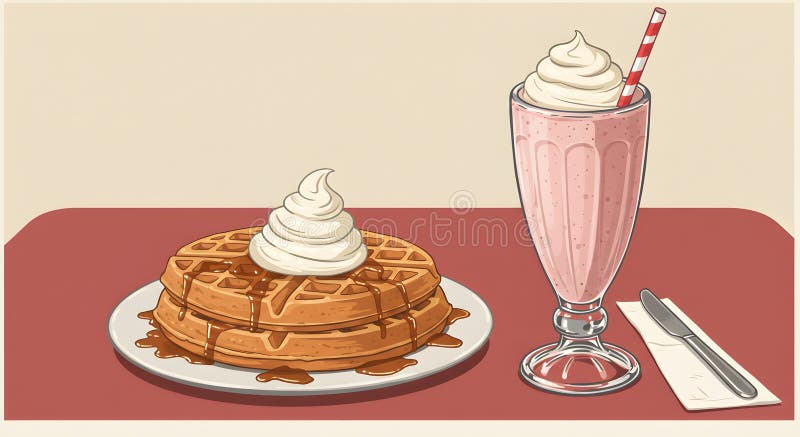 Classic Waffles and Strawberry Milkshake Illustration Stock ...