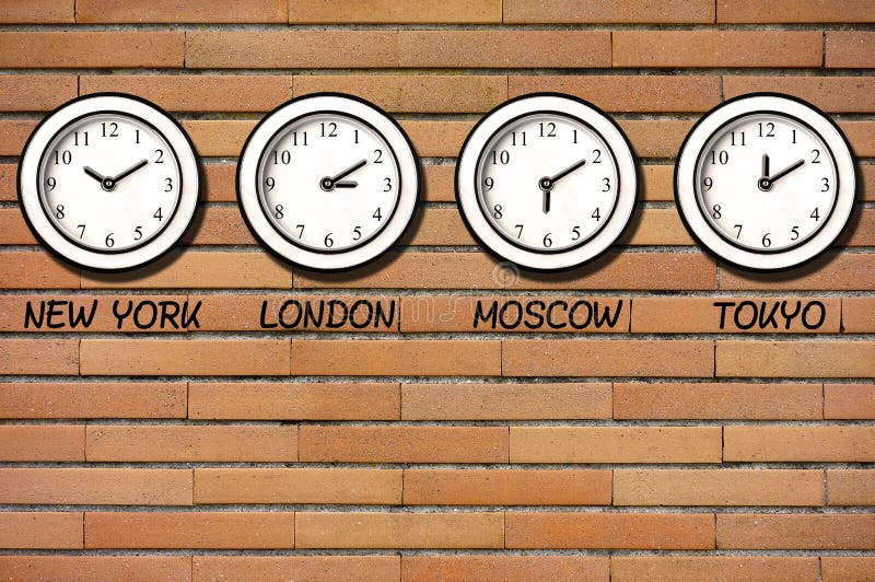 Classic Wall Bricks Clocks Clock Timezone Stock Photo - Image of arabic ...