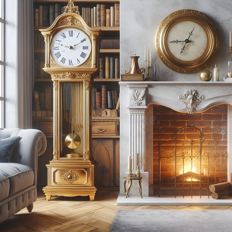 Classic Warmth: Fireplace with Antique Clock Display. Stock ...