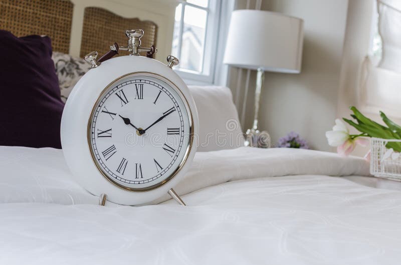 Classic White Alarm Clock Style in Classic Bedroom Stock Photo - Image ...