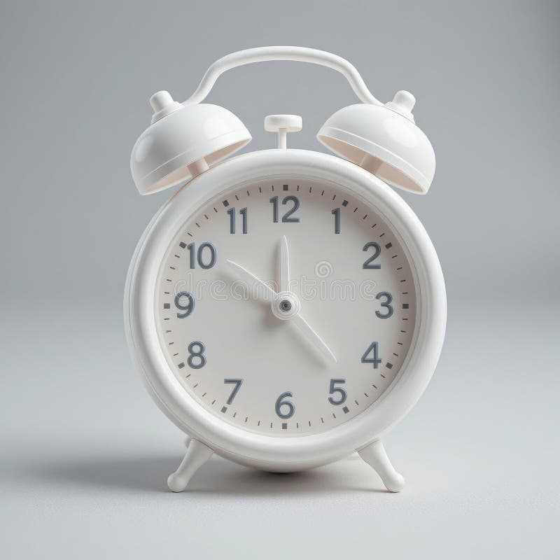 Classic White Alarm Clock Telling Time on Gray Background Studio Shot ...