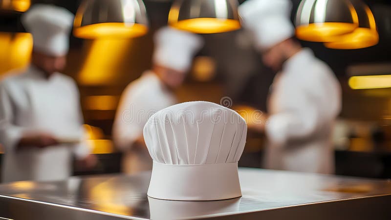 Chef Toque on Stainless Steel Table with Chefs Working in Background ...