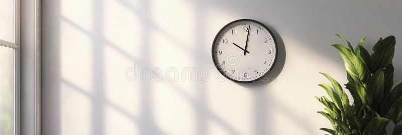 Classic White Clock on Sunlit Wall with Indoor Plant Stock Illustration ...