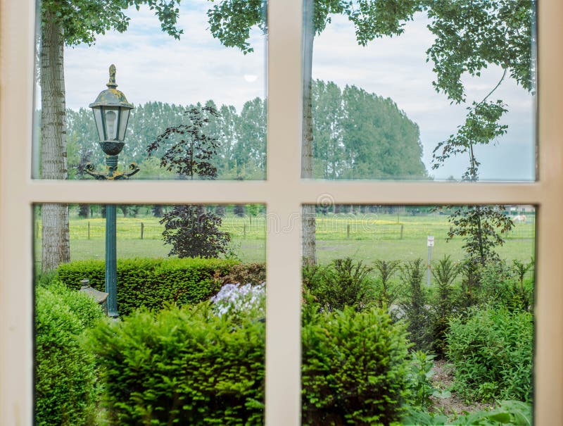 Classic White Cozy Window with Green Landscape Meadow View Stock Photo ...