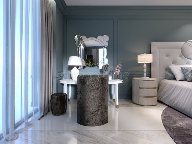 Classic White Dressing Table with a Round Mirror and Soft Chair in the ...