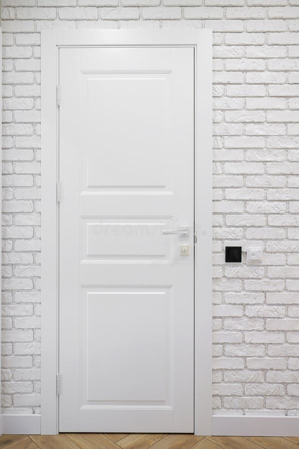 Classic White Interior Door and White Brick Wall Stock Image - Image of ...