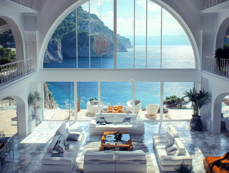 Classic White Interior with Elegant Sofas and Large Arched Windows ...