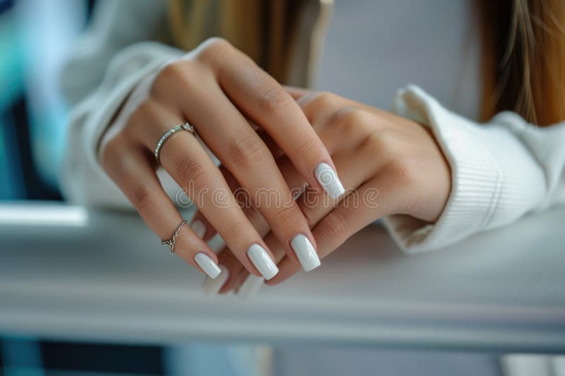 Classic White Manicure on Woman& X27;s Hands with Rings Stock ...
