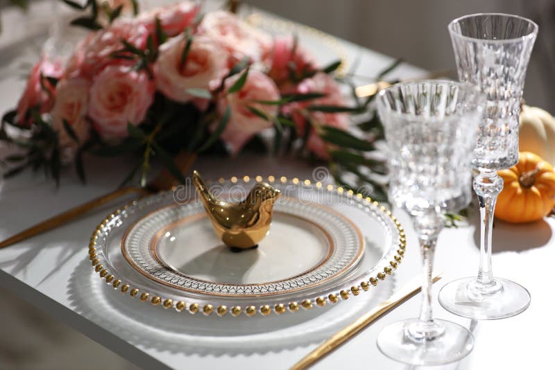 Classic White and Pink Set of Wedding Dinner Table Stock Image - Image ...