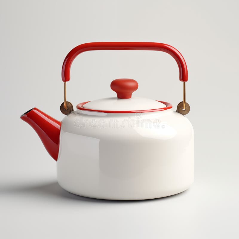 Classic White and Red Kettle with Rounded Body and Handle in Minimalist ...