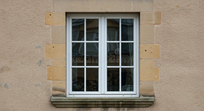 Classic White Window in Beige Stone Wall: Serene Architectural Detail ...