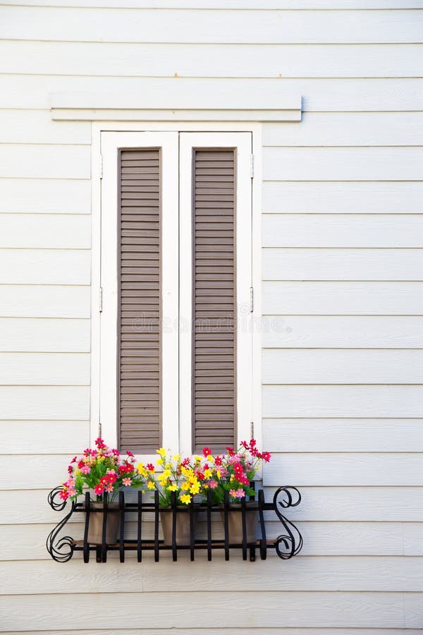 Classic White Window with Flower Planter Box Stock Image - Image of ...