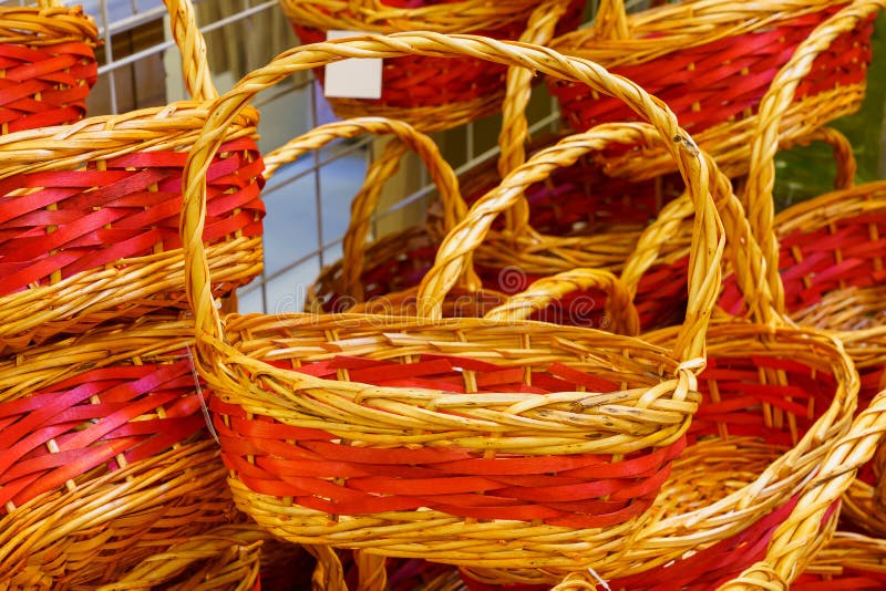 Classic Wicker Baskets with Handles. Background with Copy Space Stock ...
