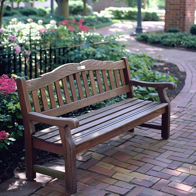 Classic Wooden Bench beside a Charming Brick Pathway Stock Photo ...