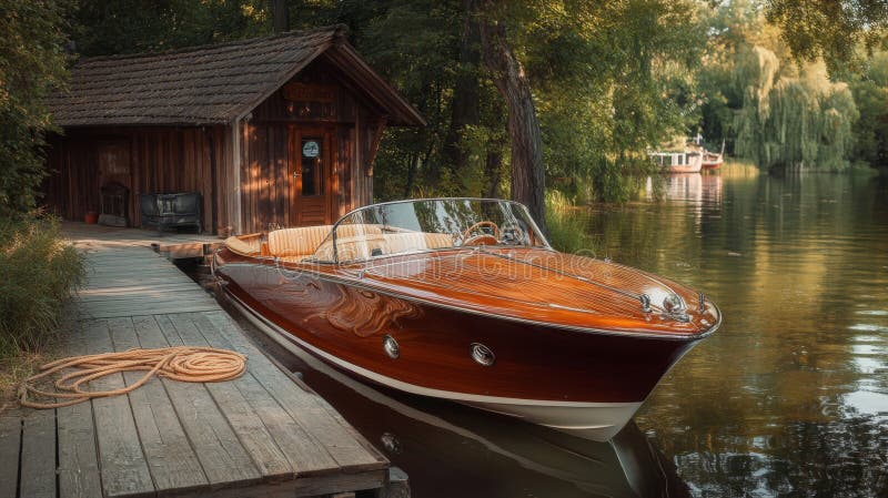 Classic Wooden Boat Docked by Rustic Cabin on Serene Lake Stock ...