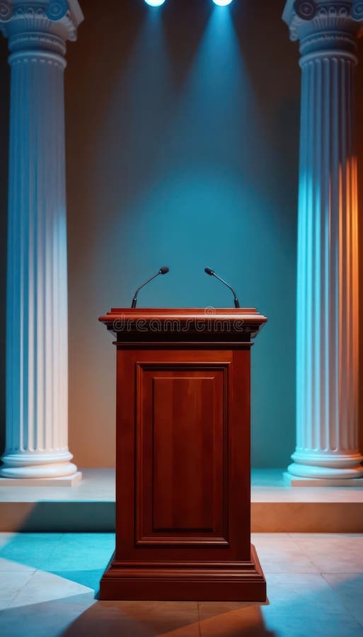 Classic Wooden Lectern on Stage Flanked by White Pillars, Dual Mics ...