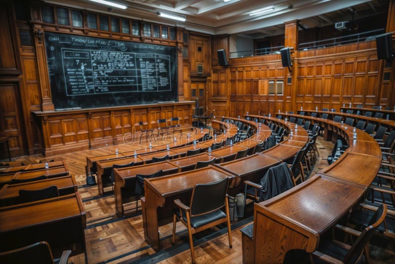 Classic Wooden Lecture Hall with Rows of Empty Seats and a Chalkboard ...