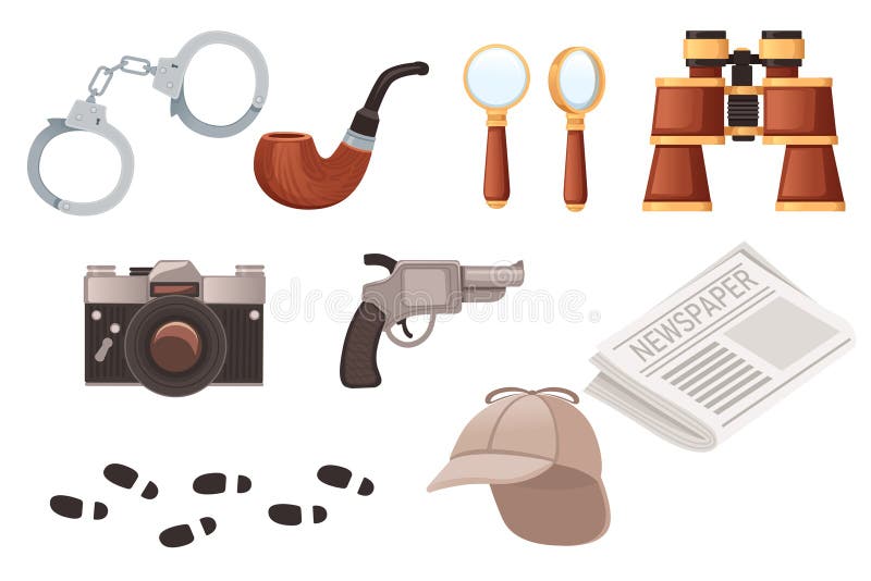 Set of Classic Detective Items and Tools Vector Illustration Isolated ...