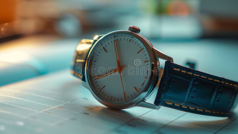 Classic Wristwatch with Leather Strap on a Desk Planner. Stock Photo ...