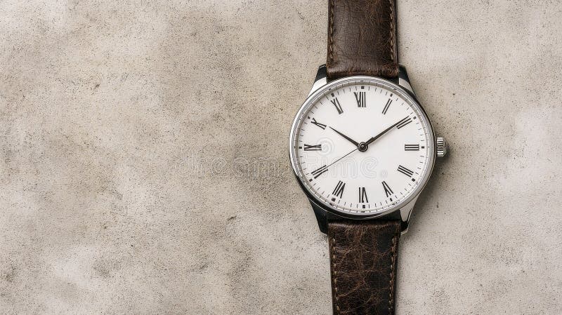 Classic Wristwatch with Brown Leather Strap on Gray Textured Background ...