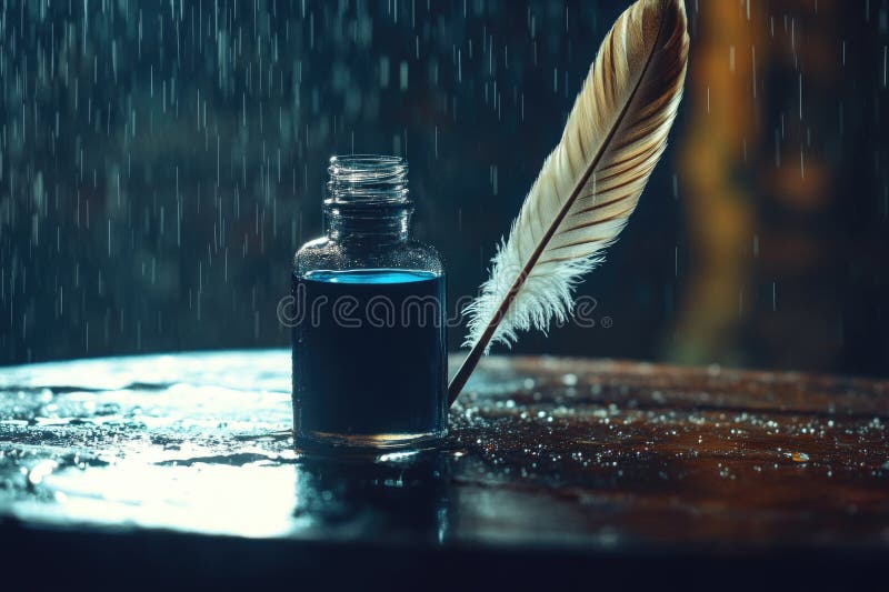 A Classic Writing Tool Setup Featuring a Feather Quill and a Bottle of ...