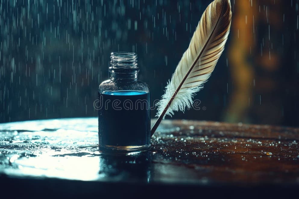 A Classic Writing Tool Setup Featuring a Feather Quill and a Bottle of ...