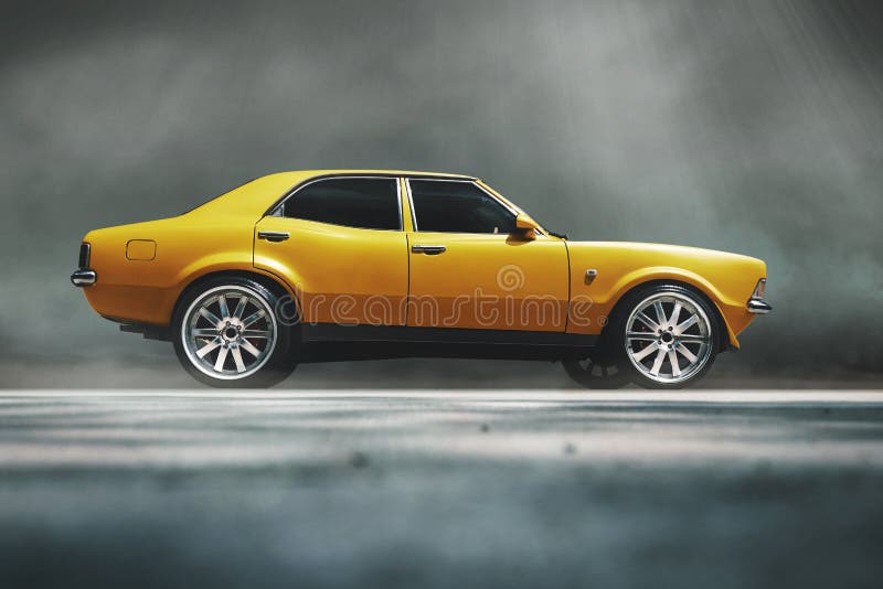 Classic Yellow Car Parked in Smoke with Sun Rays Stock Photo - Image of ...