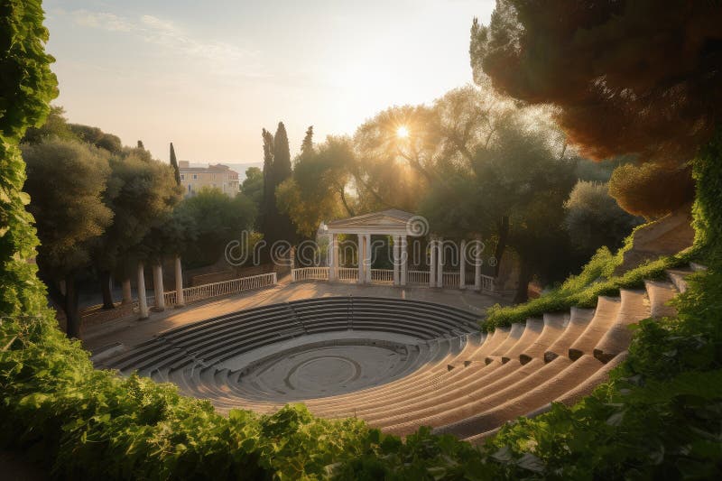 Classical Amphitheater with View of the Sunset, Surrounded by Greenery ...