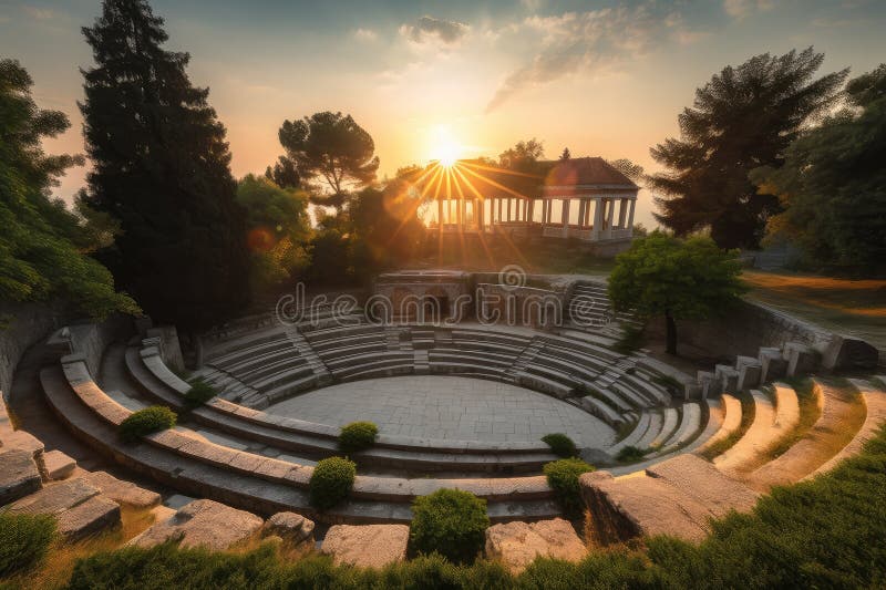 Classical Amphitheater with View of the Sunset, Surrounded by Greenery ...