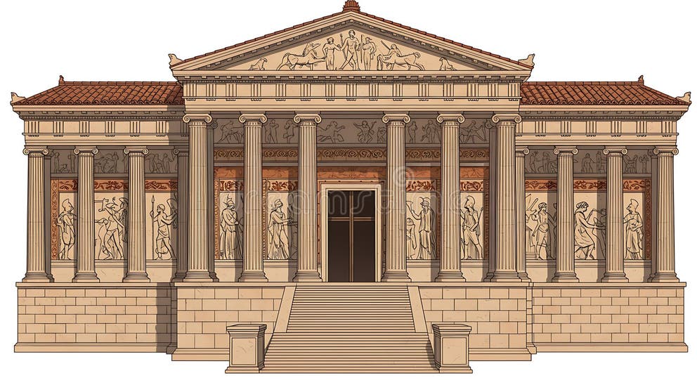 Classical Ancient Greek Temple with a Triangular Pediment Adorned with ...