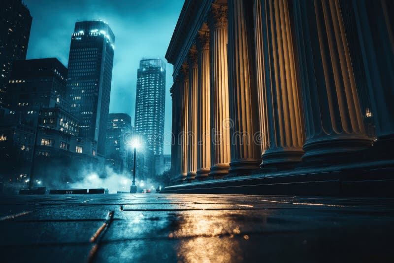 Classical Architectural Columns at Night with City Backdrop Stock Photo ...