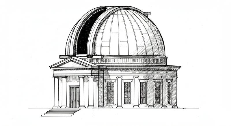 Classical Architectural Drawing of an Observatory. a Large, Domed ...