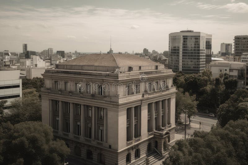 Classical Building, with View of Modern Cityscape, Symbolizing the Past ...