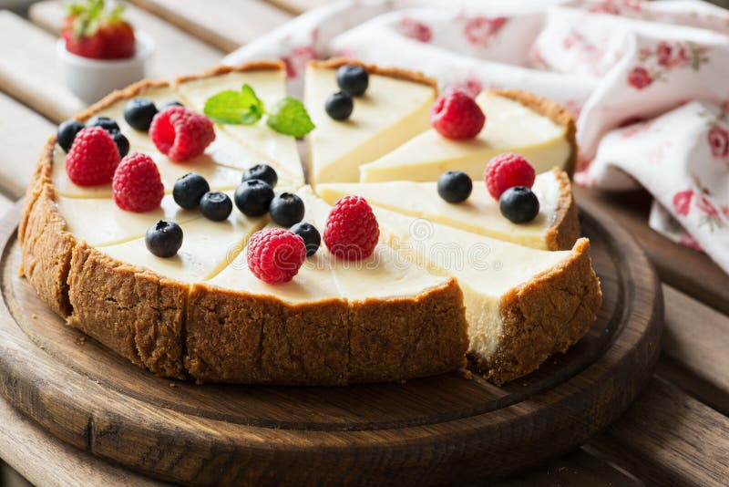 Classical Cheesecake with Fresh Berries on Wooden Board, Selective ...