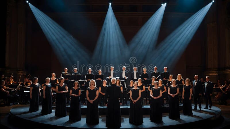 Classical Choir Performance with Dramatic Lighting and Elegant Attire ...